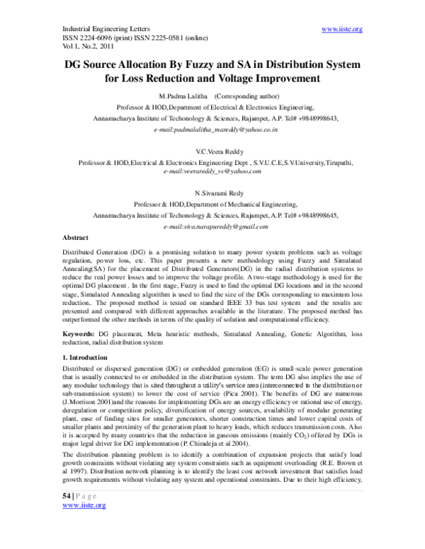 Pdf Dg Source Allocation By Fuzzy And Sa In Distribution System For Loss Reduction And Voltage