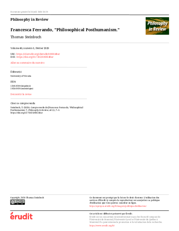 (PDF) Francesca Ferrando, "Philosophical Posthumanism." Reviewed by