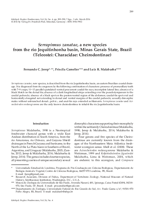 (PDF) Serrapinnus zanatae, a new species from the rio Jequitinhonha ...