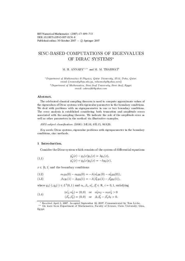 (PDF) Sinc-based computations of eigenvalues of Dirac systems