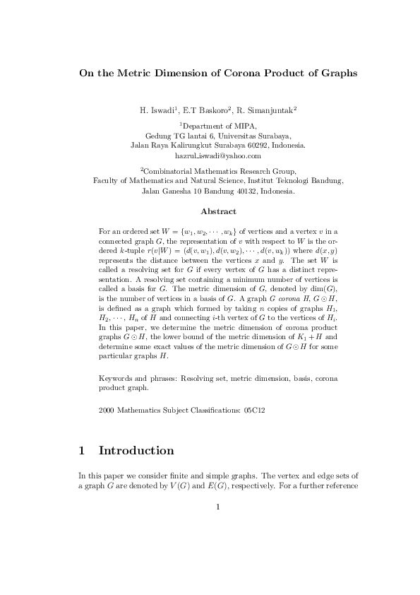 (PDF) On the metric dimension of corona product of graphs