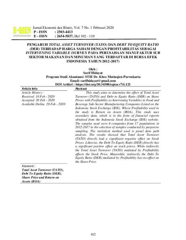 (PDF) Pengaruh Total Asset Turnover (Tato) Dan Debt to Equity Ratio ...