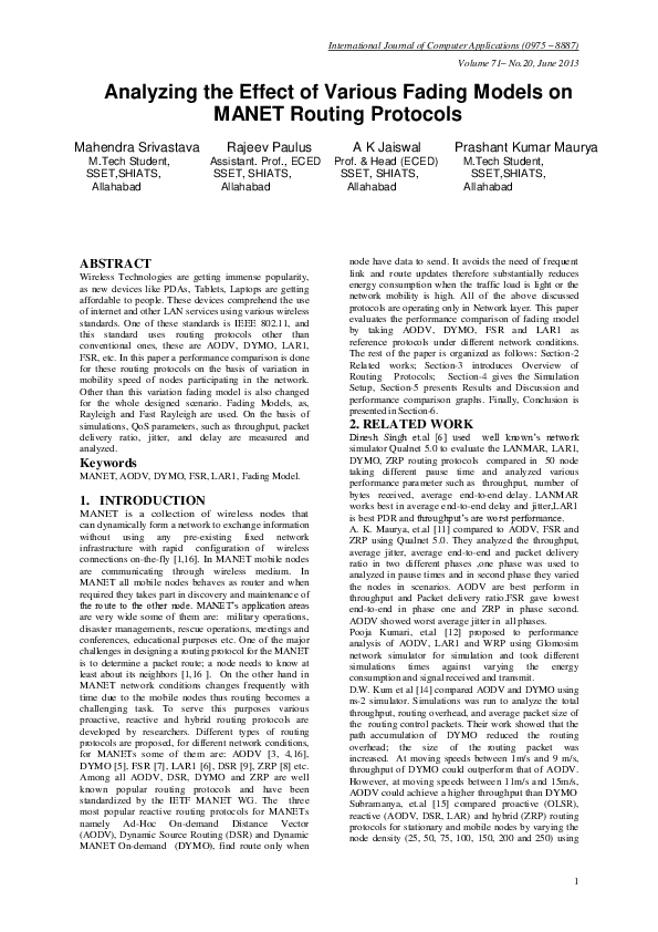Pdf Analyzing The Effect Of Various Fading Models On Manet Routing Protocols Prashant Maurya