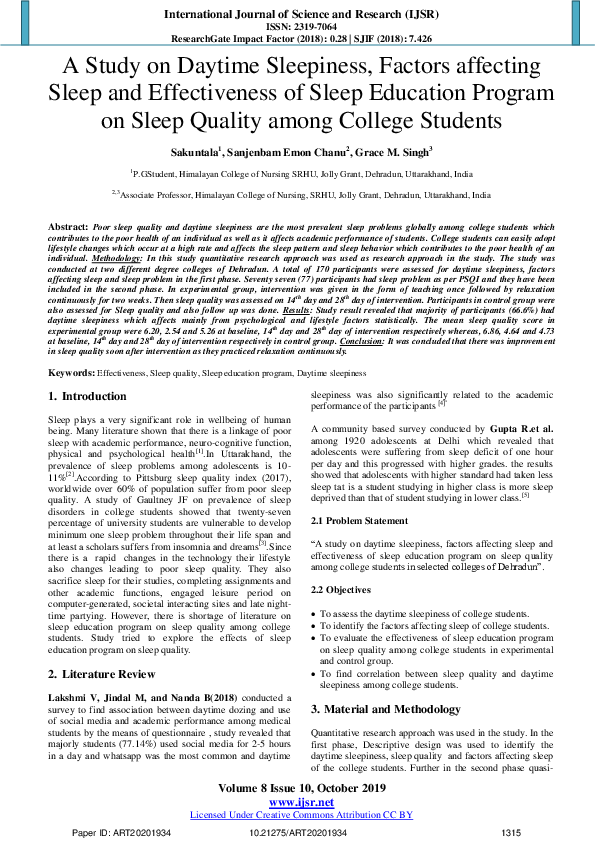 (PDF) A Study on Daytime Sleepiness, Factors affecting Sleep and ...