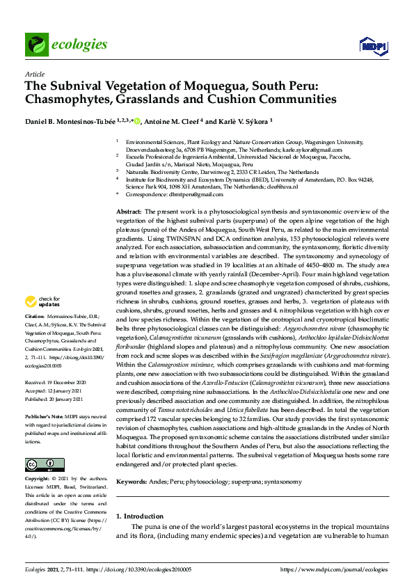 (PDF) The Subnival Vegetation of Moquegua, South Peru: Chasmophytes ...