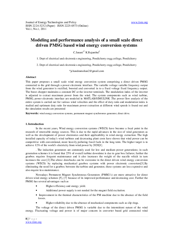 (PDF) Modeling and performance analysis of a small scale direct driven PMSG based wind energy ...
