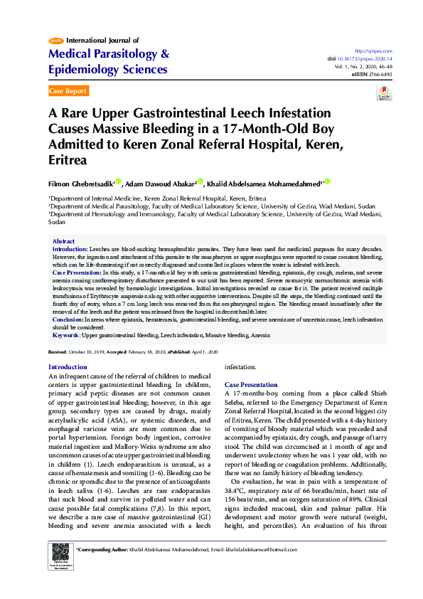 (PDF) A Rare Upper Gastrointestinal Leech Infestation Causes Massive ...