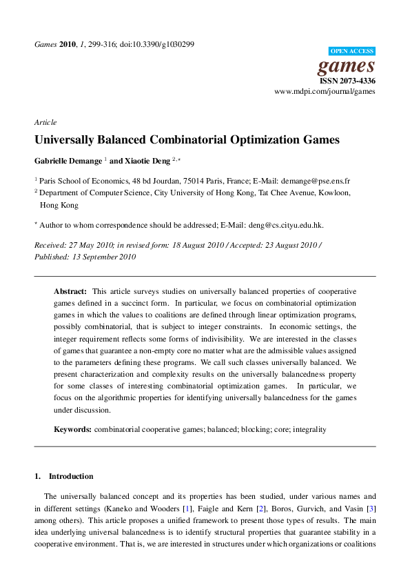(PDF) Universally Balanced Combinatorial Optimization Games