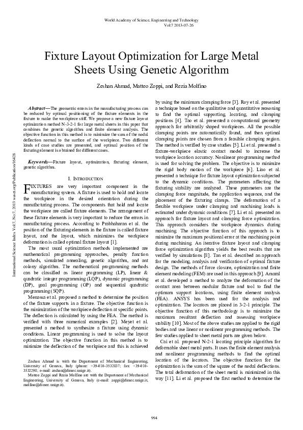 Pdf Fixture Layout Optimization For Large Metal Sheets Using Genetic Algorithm