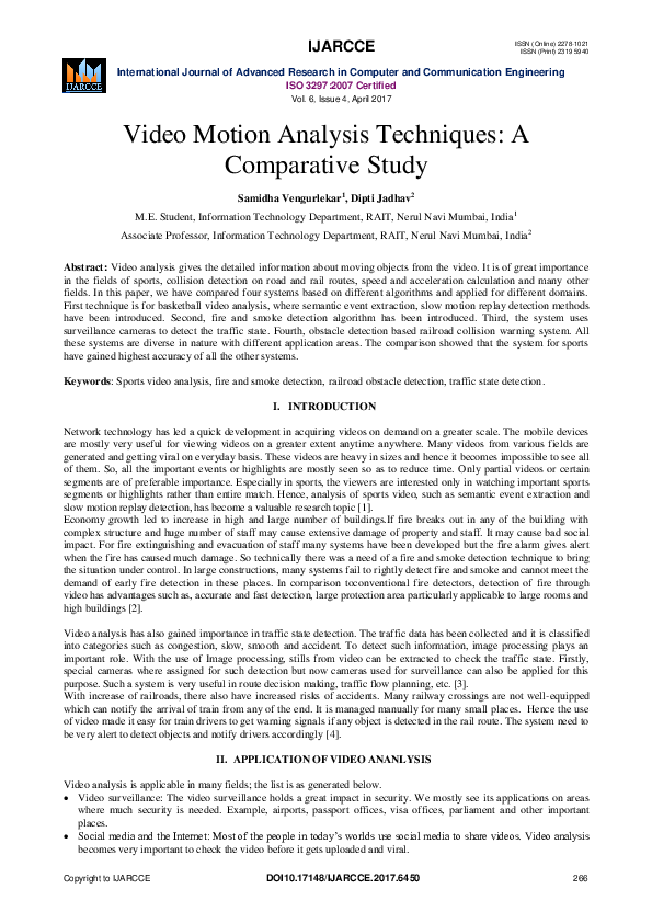 (PDF) Video Motion Analysis Techniques: A Comparative Study