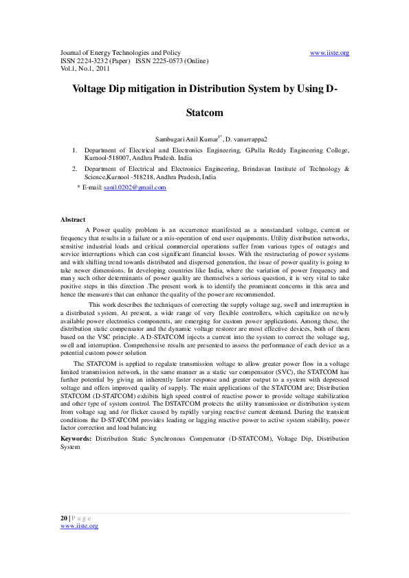 (PDF) Voltage Dip mitigation in Distribution System by Using DStatcom
