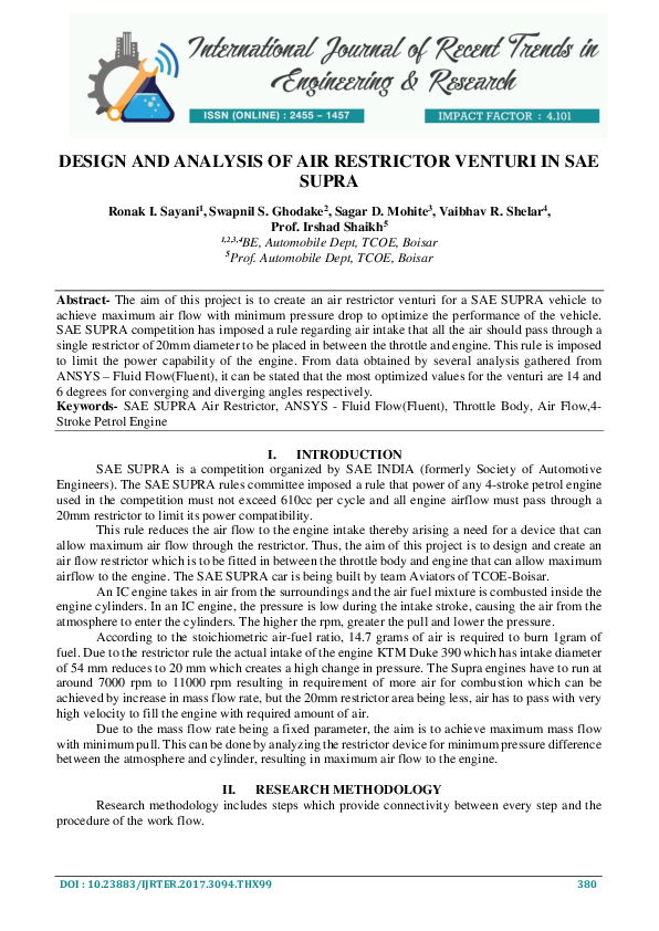(PDF) Design and Analysis of Air Restrictor Venturi in Sae Supra