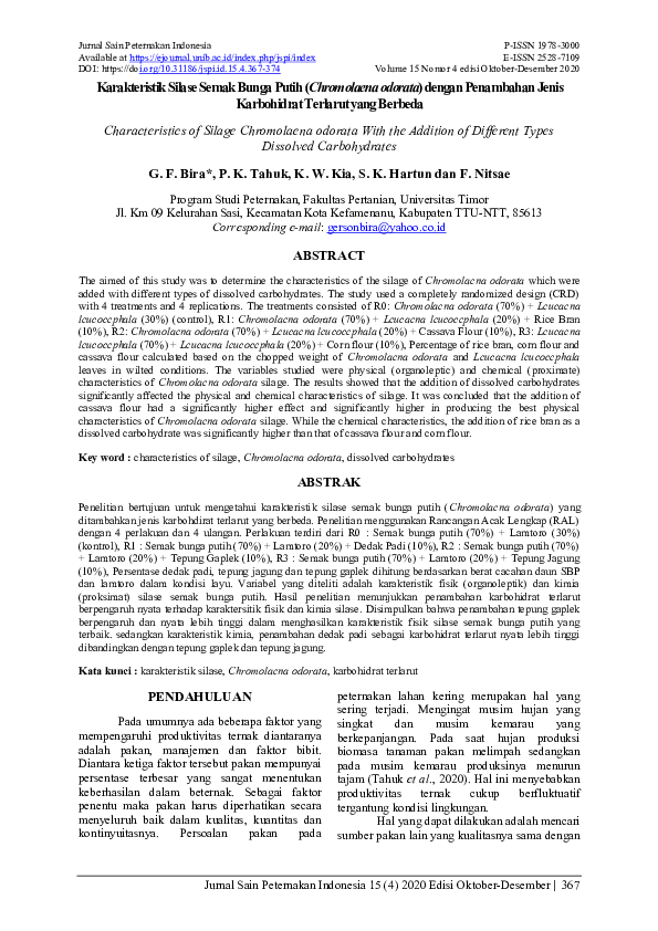 (PDF) Karakteristik Silase Semak Bunga Putih (Chromolaena odorata ...