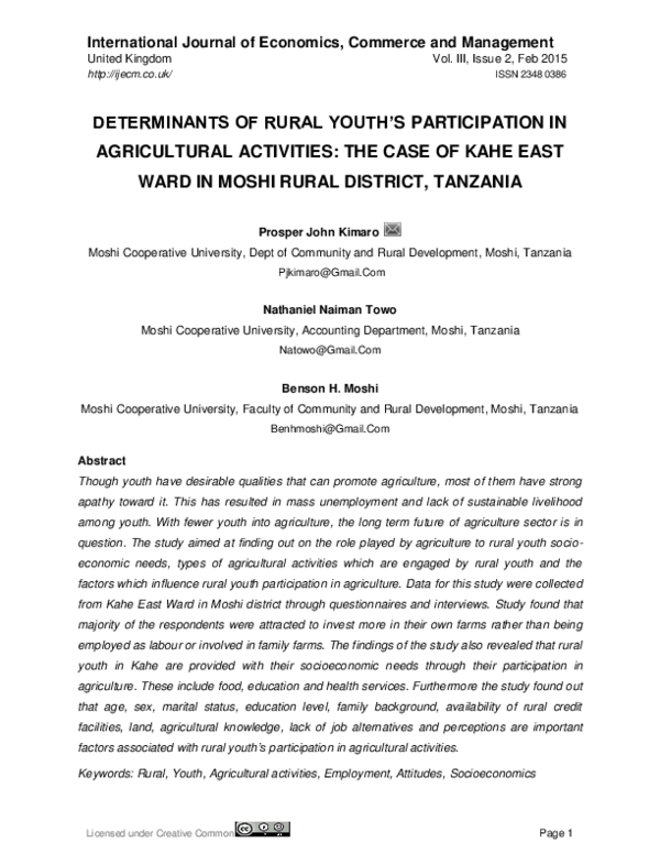 (PDF) Determinants of Rural Youth's Participation in Agricultural ...