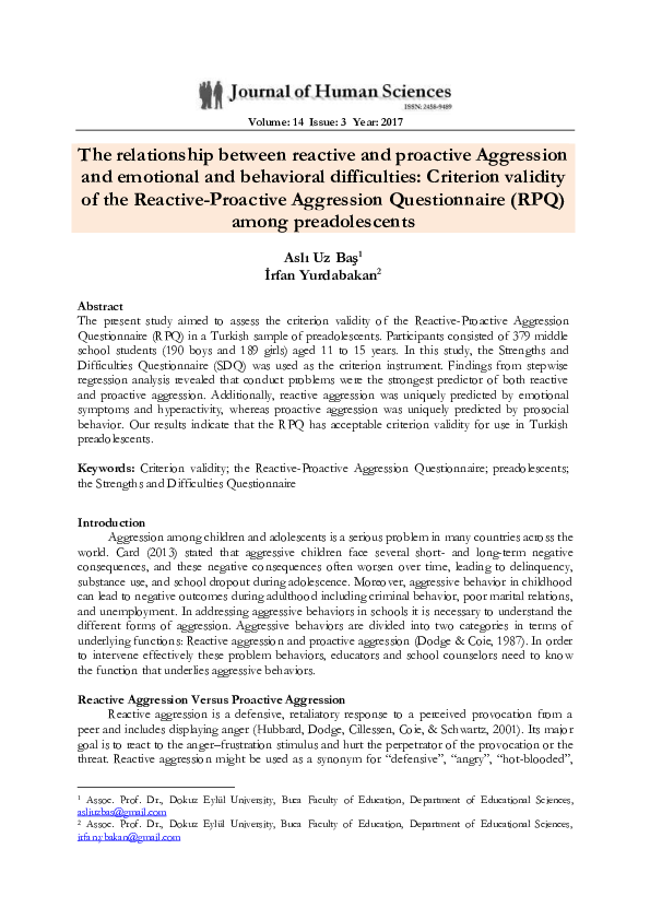 (PDF) The relationship between reactive and proactive Aggression and ...