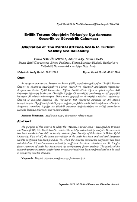 (PDF) Adaptation of the Marital Attitude Scale to Turkish: Validity and ...