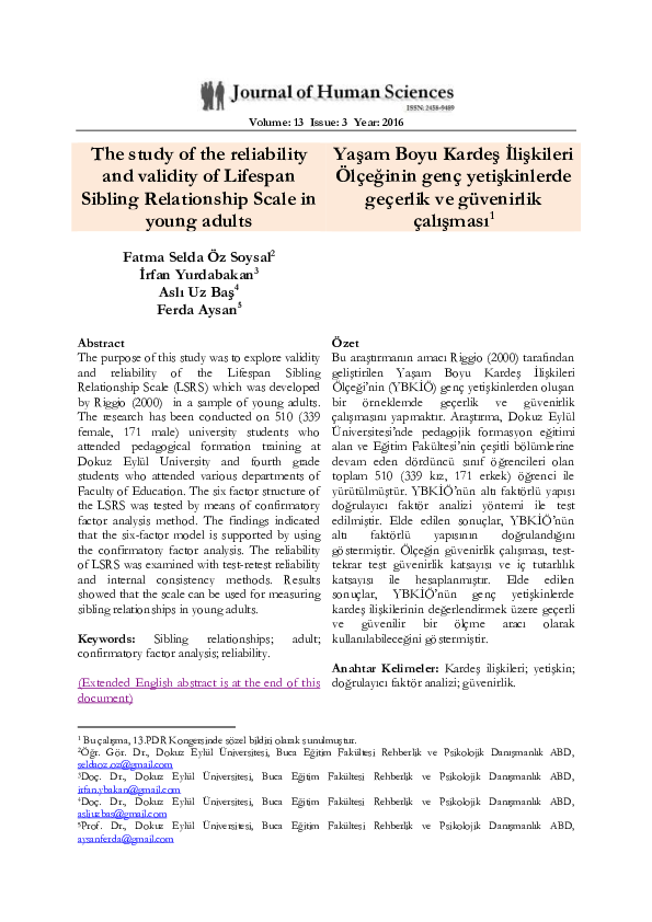 (PDF) The study of the reliability and validity of Lifespan Sibling ...