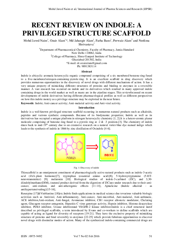(PDF) Recent Review on Indole: A Privileged Structure Scaffold