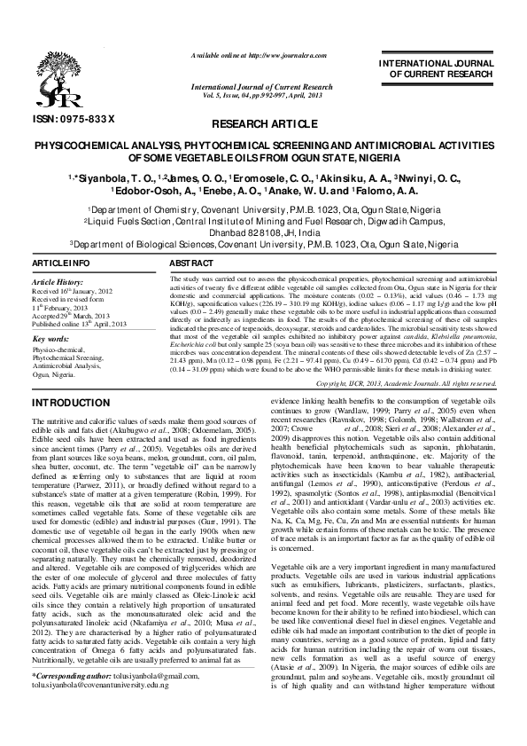 (PDF) Physicochemical Analysis, Phytochemical Screening and Antimicrobial Activities of some ...