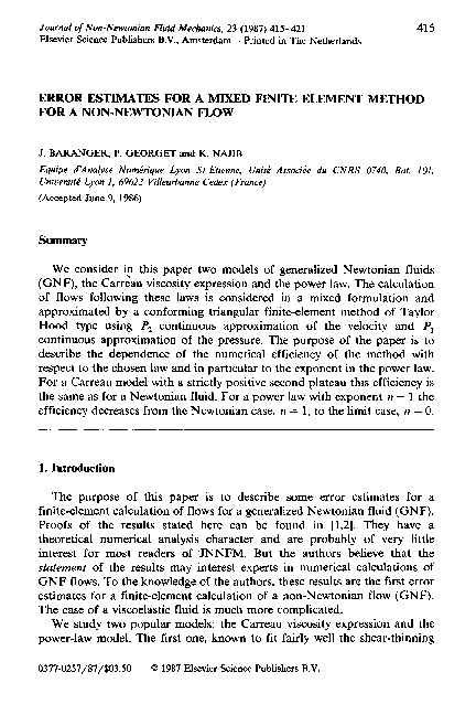 Pdf Error Estimates For A Mixed Finite Element Method For A Non Newtonian Flow Khalid Najib