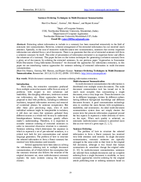 Pdf Sentence Ordering Techniques In Multi Document Summarization