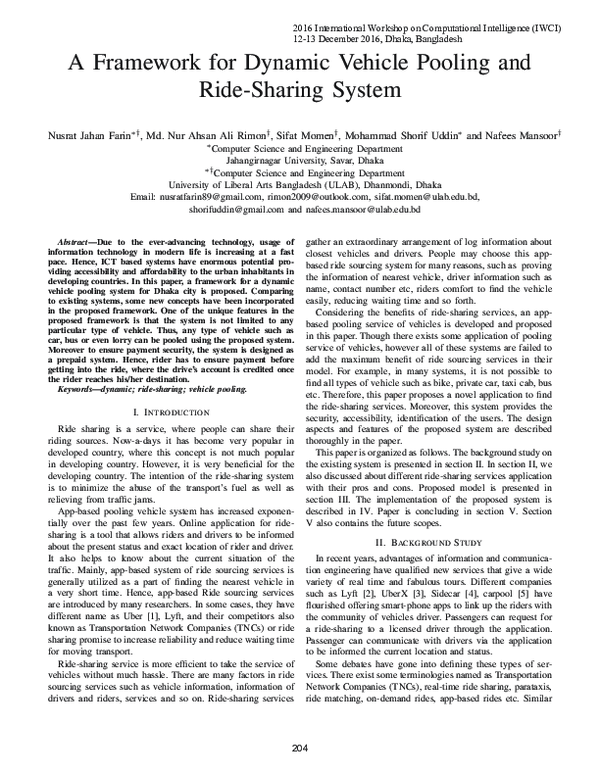(PDF) A framework for dynamic vehicle pooling and ride-sharing system