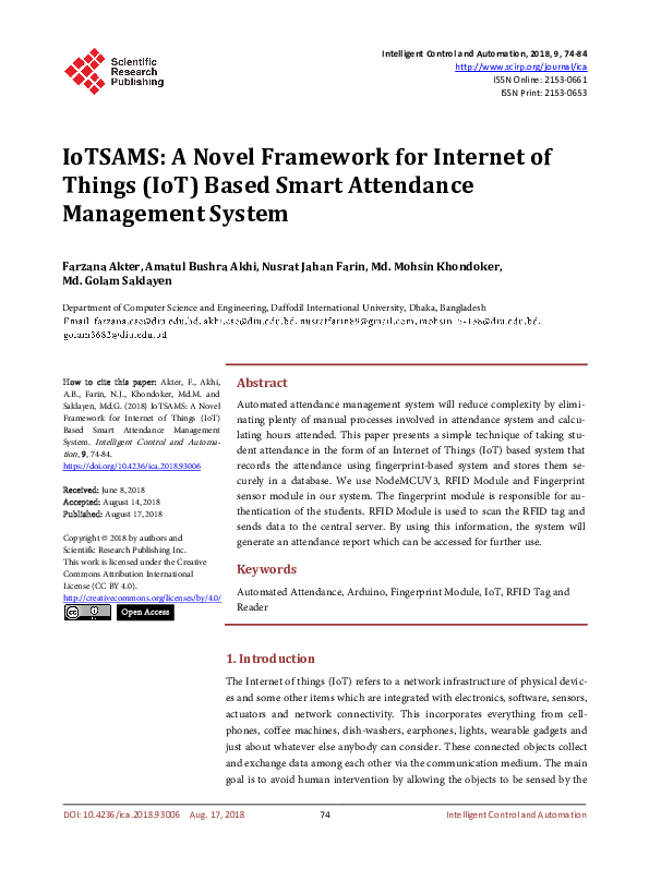 Pdf Iotsams A Novel Framework For Internet Of Things Iot Based Smart Attendance Management