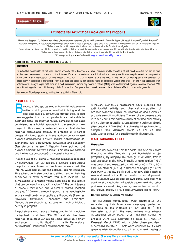 (PDF) Antibacterial Activity of Two Algerians Propolis