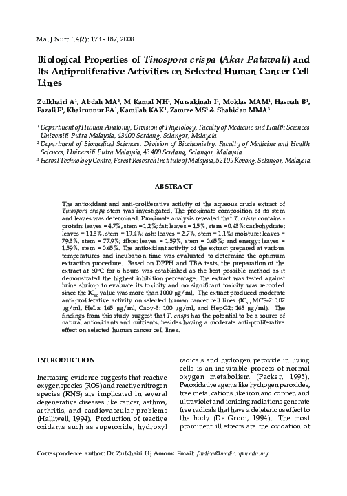 (PDF) Biological Properties of Tinospora crispa (Akar Patawali) and Its ...