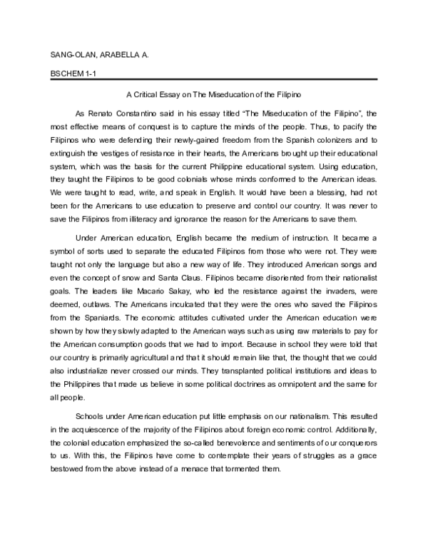 (DOC) A Critical Essay on The Miseducation of the Filipino
