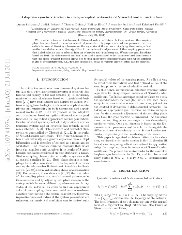 (PDF) Adaptive synchronization in delay-coupled networks of Stuart-Landau oscillators
