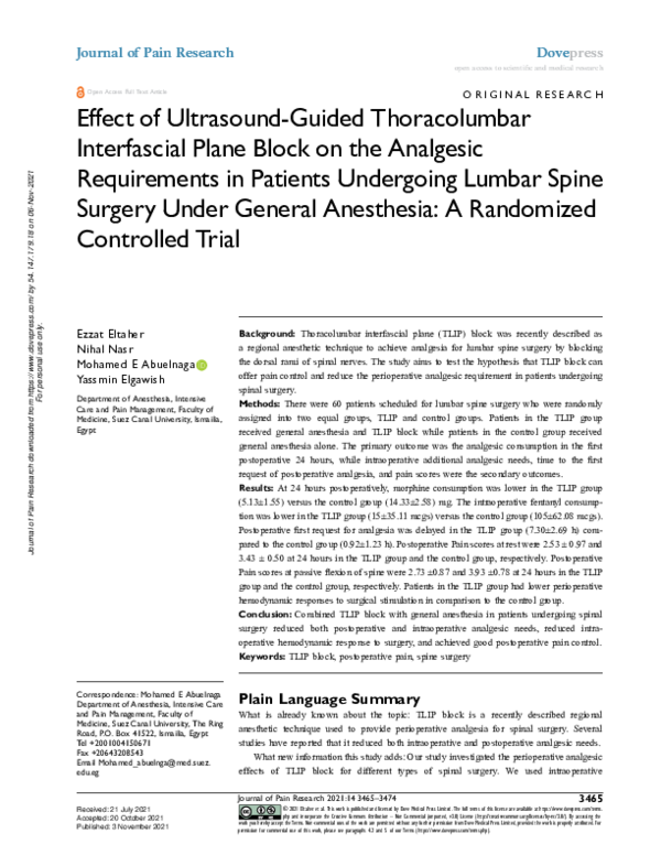 (PDF) Effect of Ultrasound-Guided Thoracolumbar Interfascial Plane Block on the Analgesic ...