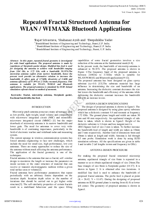 Pdf Repeated Fractal Structured Antenna For Wlan Wimax And Bluetooth