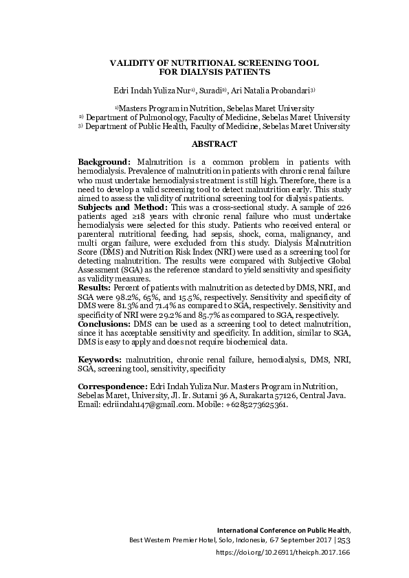 (PDF) Validity of Nutritional Screening Tool for Dialysis Patients