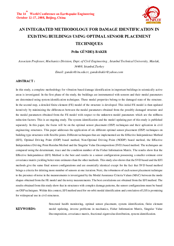 (PDF) An Integrated Methodology for Damage Identification in Existing Buildings Using Optimal ...