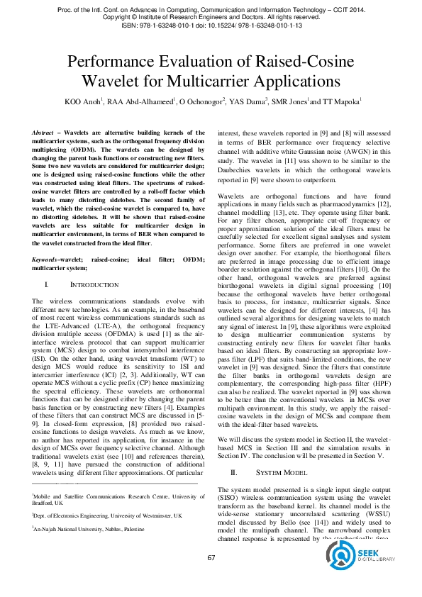 Pdf Performance Evaluation Of Raised Cosine Wavelet For Multicarrier