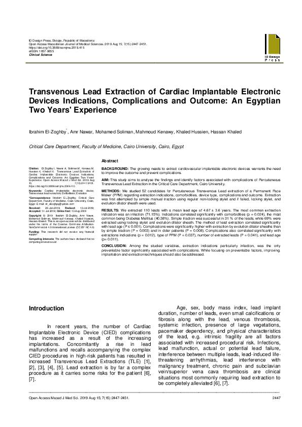 (PDF) Transvenous Lead Extraction of Cardiac Implantable Electronic ...