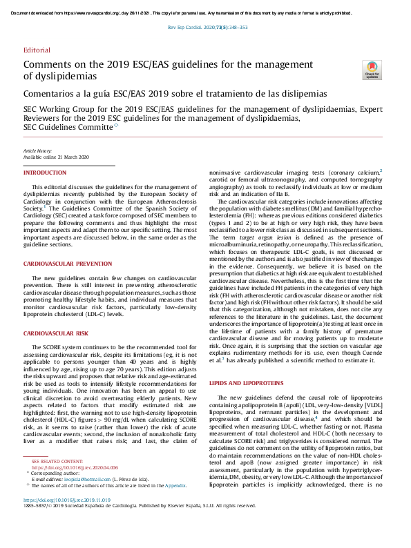 (PDF) Review of 2019 ESC/EAS Dyslipidemia Guidelines