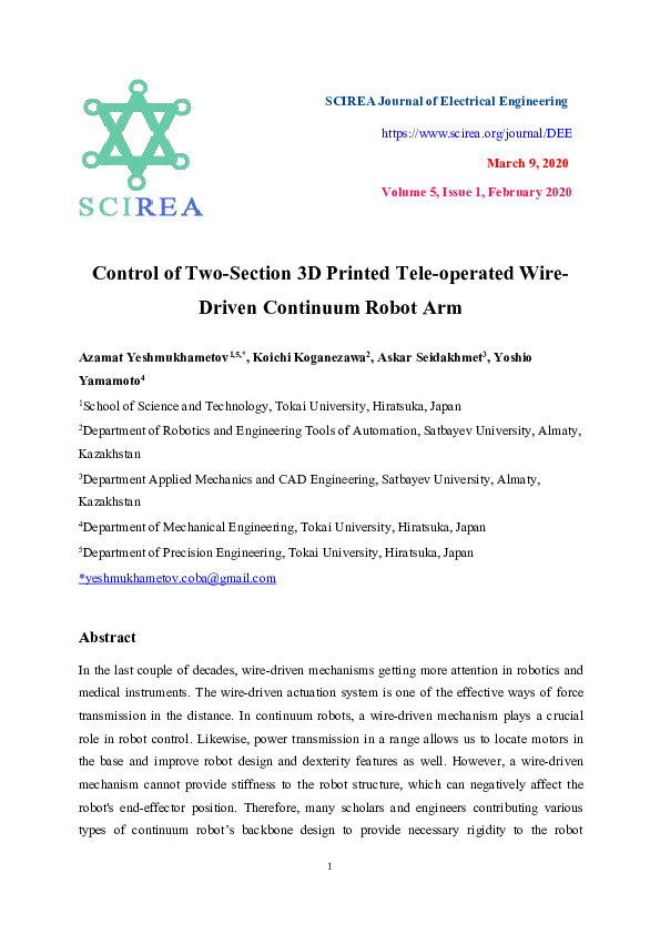 (PDF) Control of Two-Section 3D Printed Tele-operated Wire- Driven Continuum Robot Arm