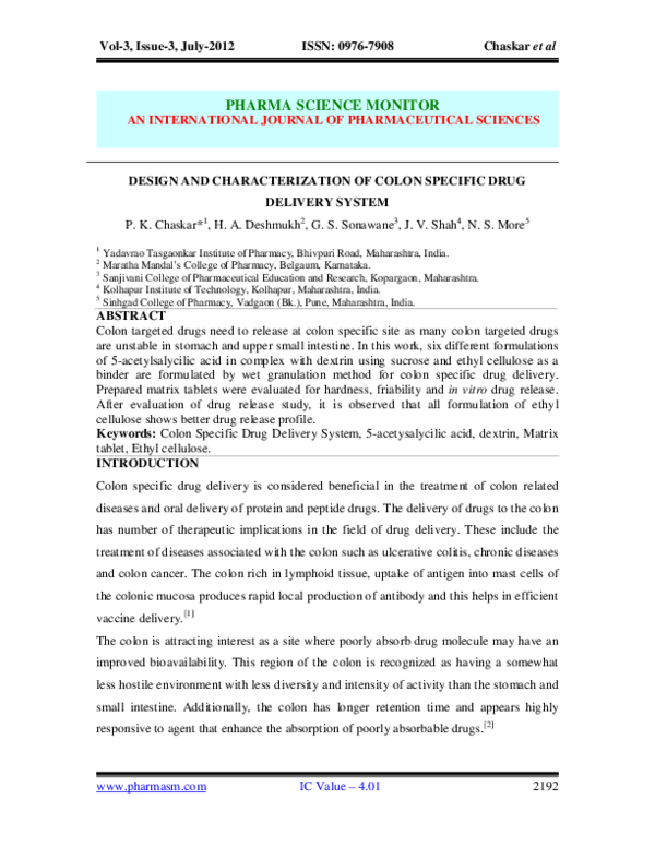 Pdf Design And Characterization Of Colon Specific Drug Delivery System