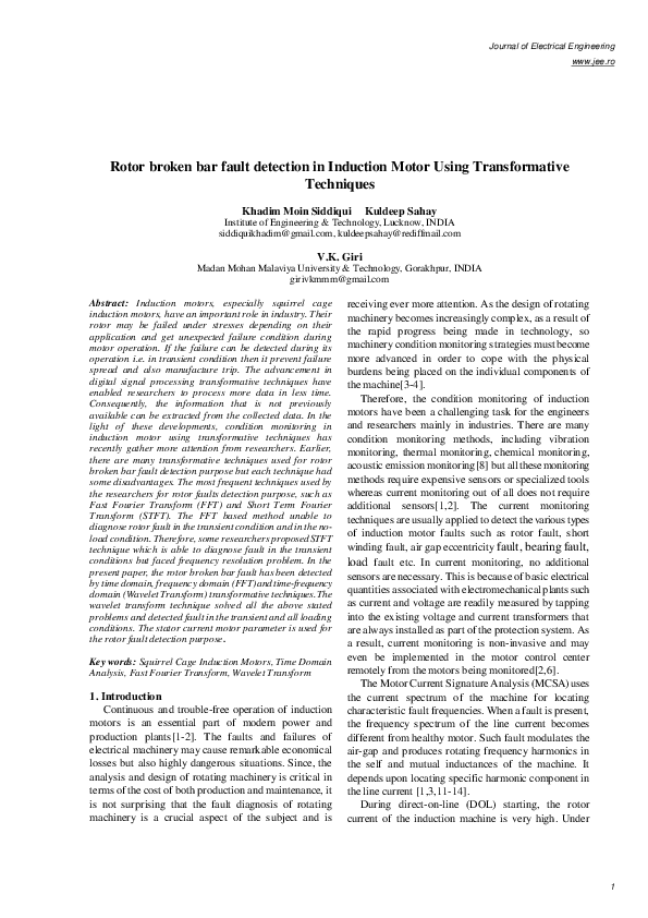(PDF) Rotor Broken Bar Fault Detection in Induction Motor Using Transformative Techniques