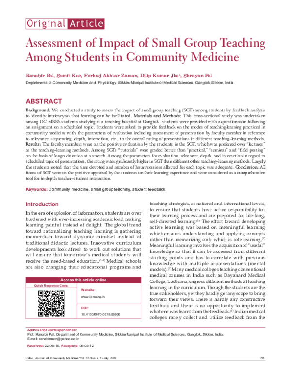 (PDF) Assessment of impact of small group teaching among students in ...