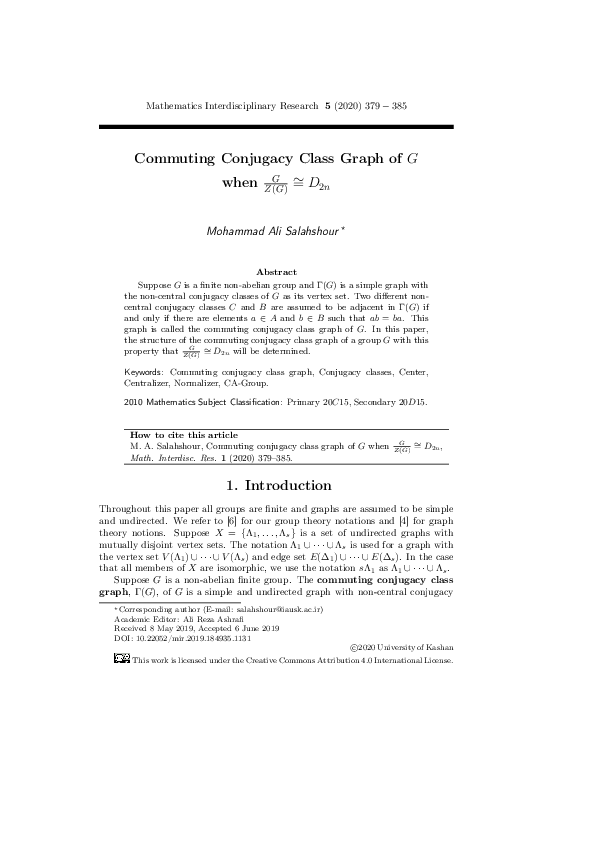 (PDF) Commuting Conjugacy Class Graph of G when GZ ( G ) ∼ = D 2 n
