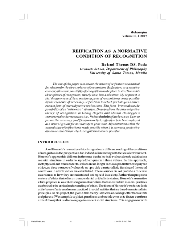 (PDF) Reification as a Normative Condition of Recognition