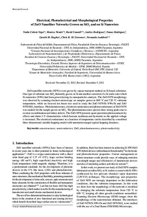 (PDF) Electrical, photoelectrical and morphological properties of ZnO nanofiber networks grown ...