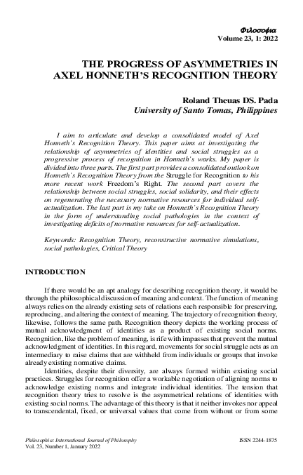 (PDF) THE PROGRESS OF ASYMMETRIES IN AXEL HONNETH'S RECOGNITION THEORY