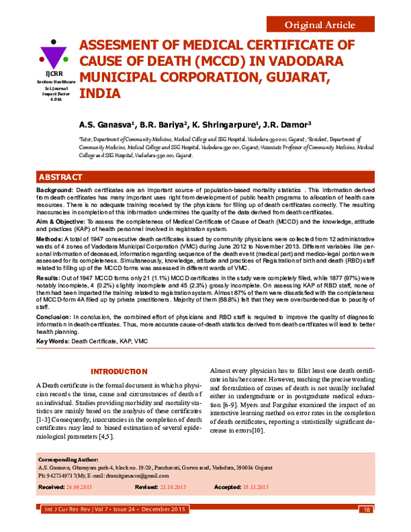 (PDF) Assesment of Medical Certificate of Cause of Death (MCCD) in ...