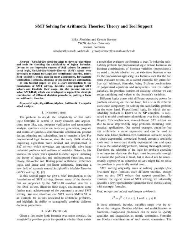 Pdf Smt Solving For Arithmetic Theories Theory And Tool Support