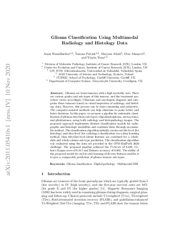 (PDF) Glioma Classification Using Multimodal Radiology and Histology Data