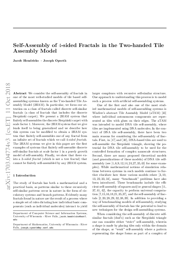 (PDF) Self-Assembly of 4-Sided Fractals in the Two-Handed Tile Assembly ...